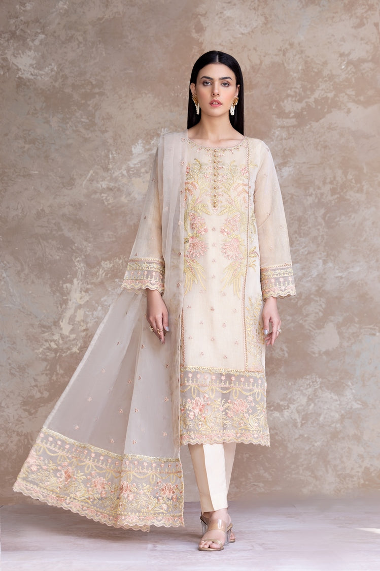 3-PC Stitched Embroidered Khaddi Net Suit – Ellena